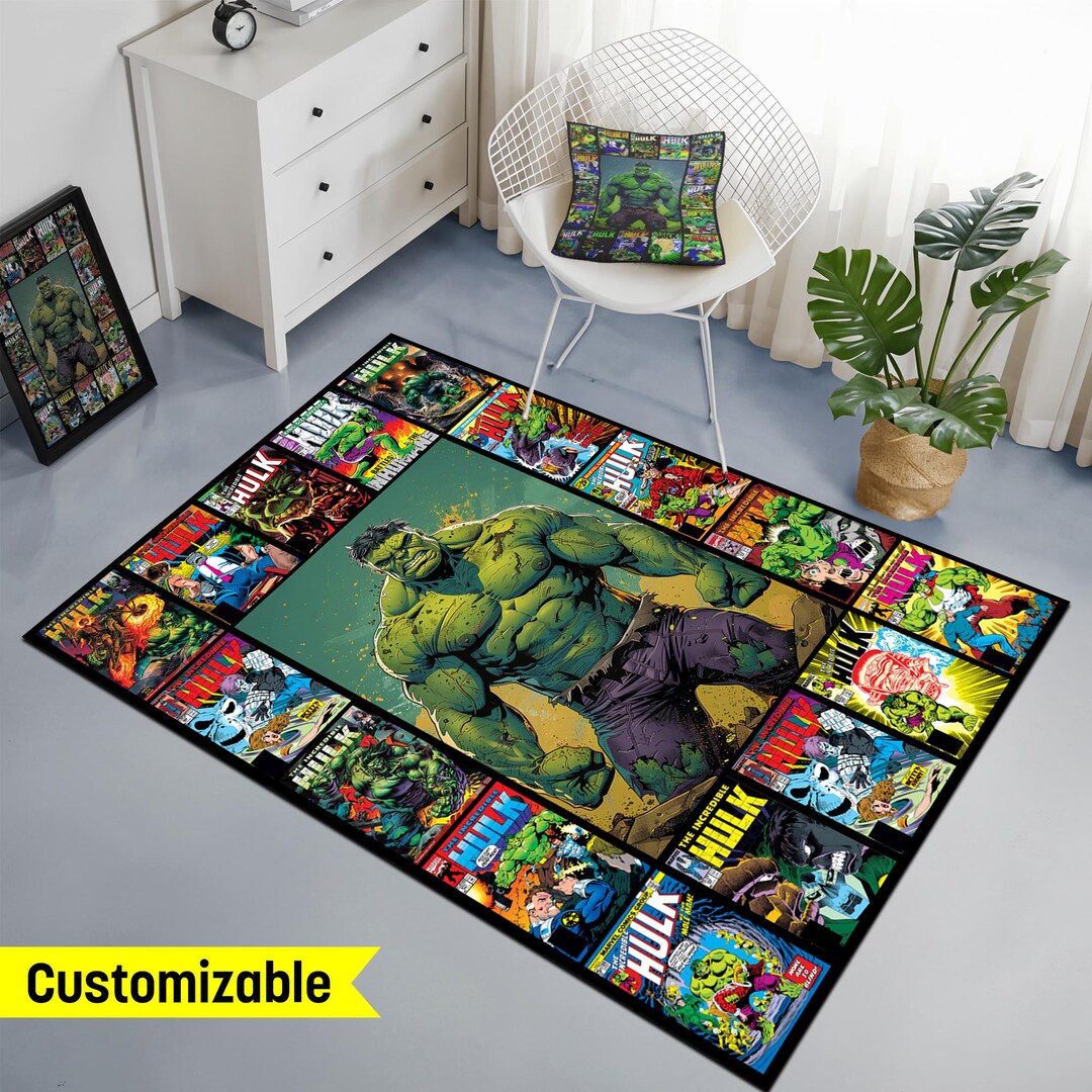 Green Gamma Giant Rug, Comic-style Smash Art Carpet, Superhero-inspired ...