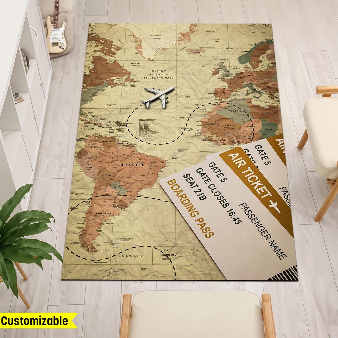 Travel Themed Rug, Flight Ticket Rug, World Map Rug,luggage Tag Rug ...