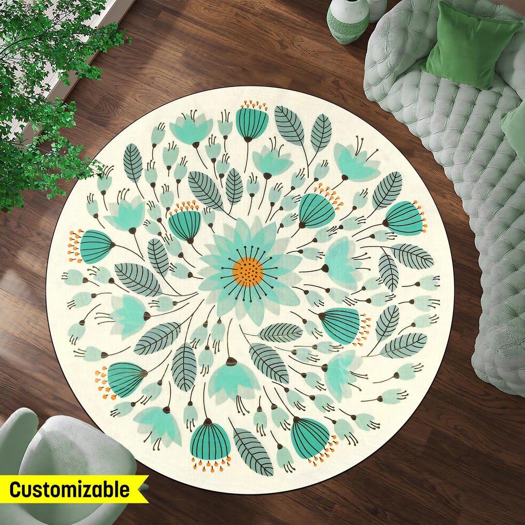 Floral Mandala Round Rug, Modern Boho Mint Green Carpet,scandinavian ...