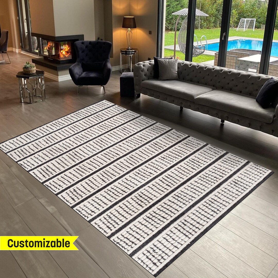 Modern Boho Rug, Black & White Geometric Striped Kilim, Minimalist ...