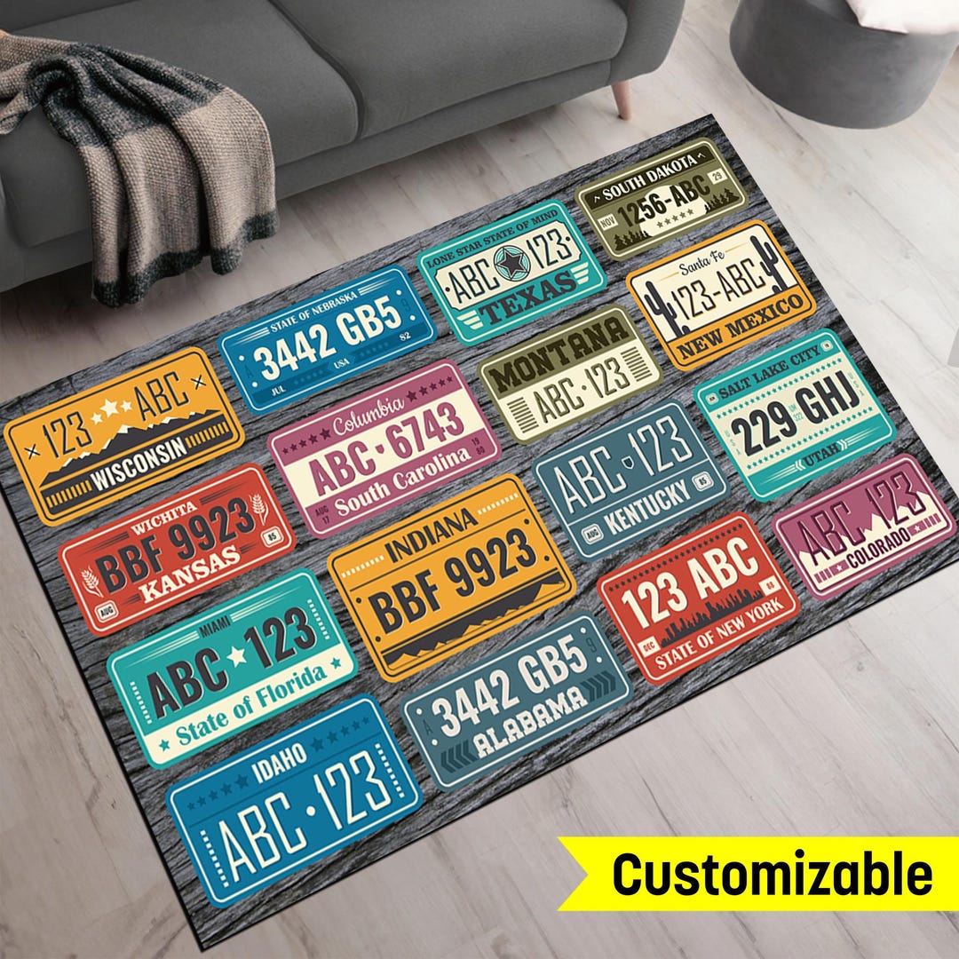 American States Rug, Car License Plate Rug, Retro License Plate Rug ...