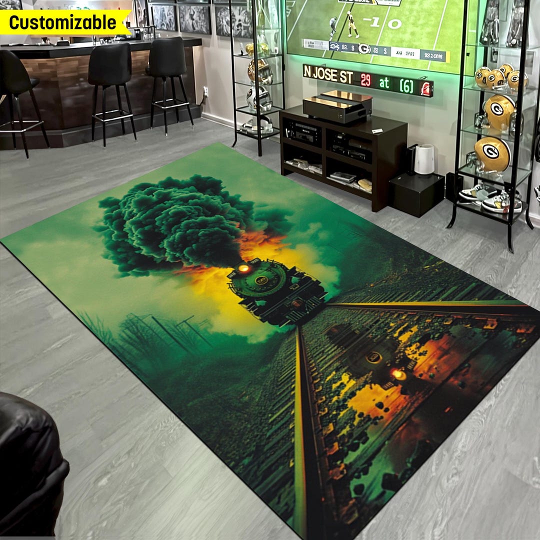 Steam Train Rug,cinematic Locomotive Front View,glowing Smoke & Track ...