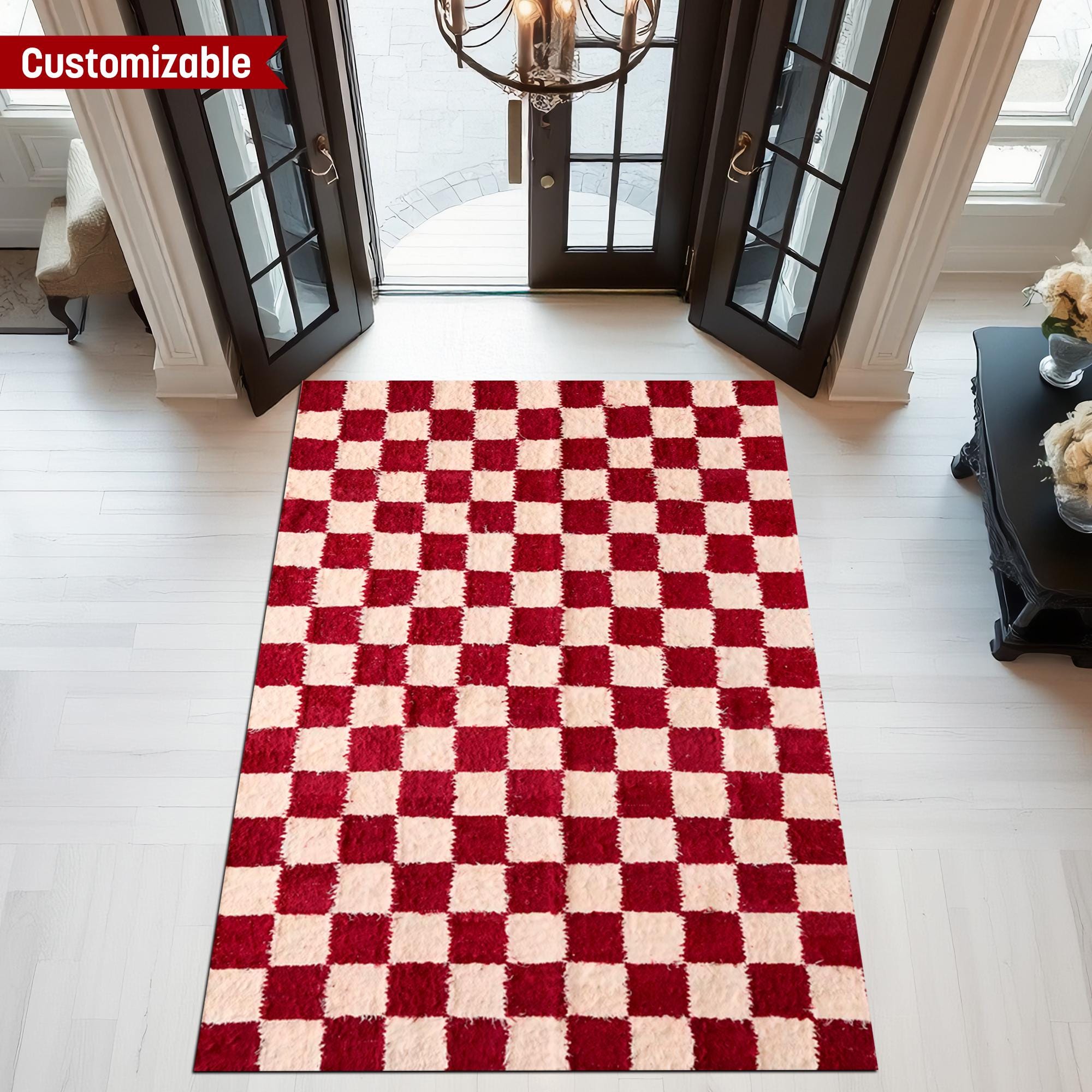 Red and White Checkered Rug, Modern Rug,boho Checkered Rug,entryway Rug ...