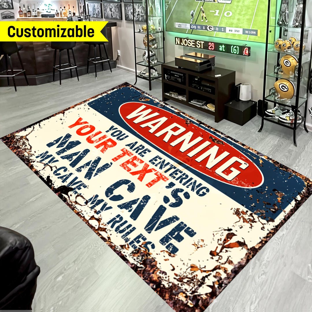 Best Rug for Man Cave Vibes, Men's Cave Rug, Warning Plate Rug, Design ...