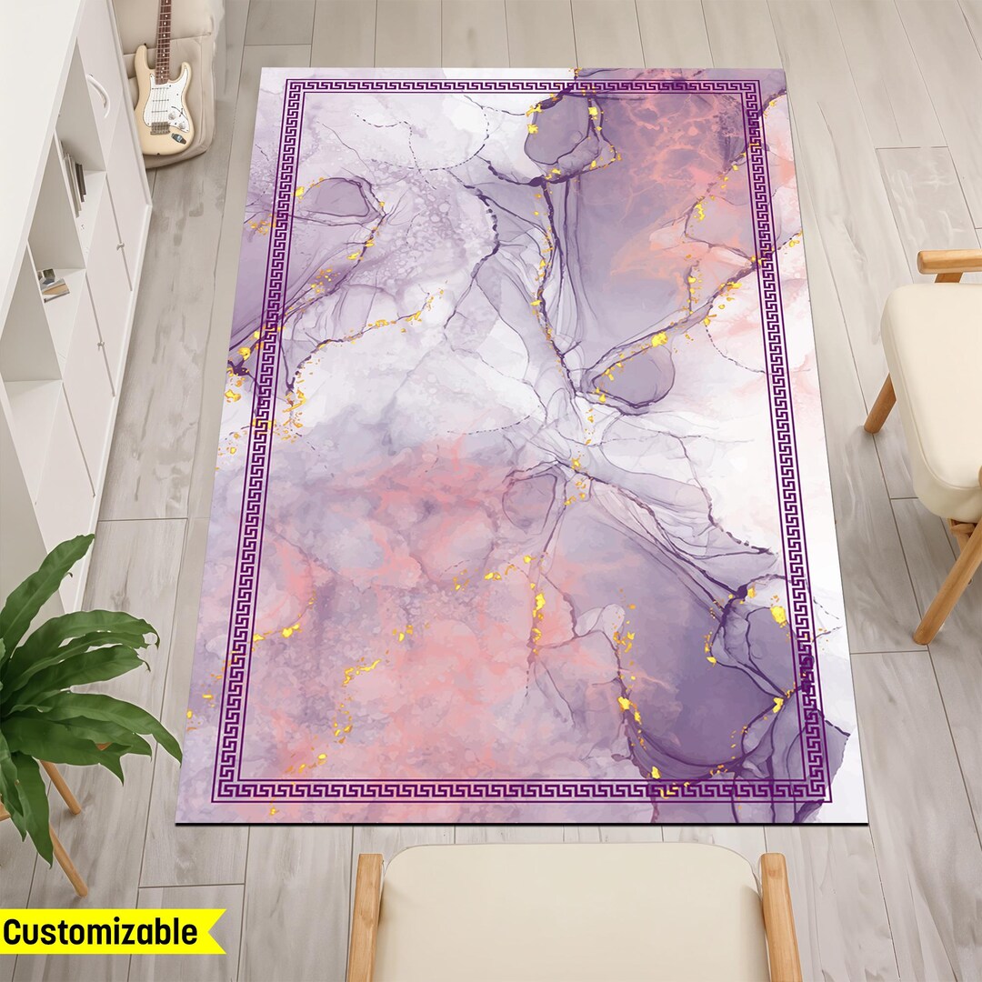 Marble Rug, Pink Marble Rug, Marble Carpet, Purple Framed Rug, Wavy ...