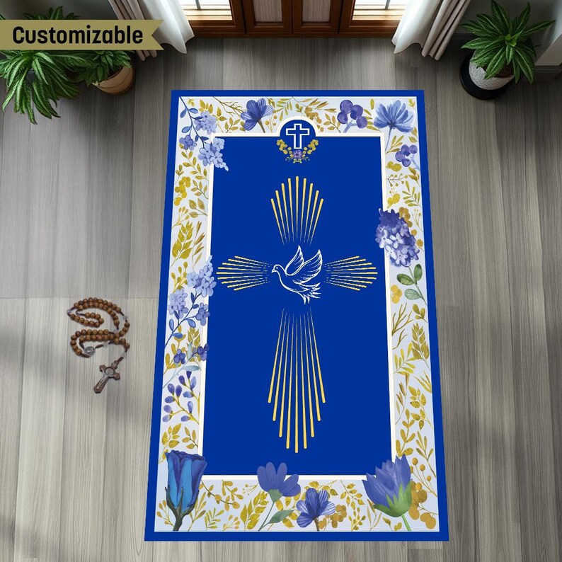 Cross & Dove Sacred Prayer Mat, Blue Gold Christian Prayer Rug, Elegant ...
