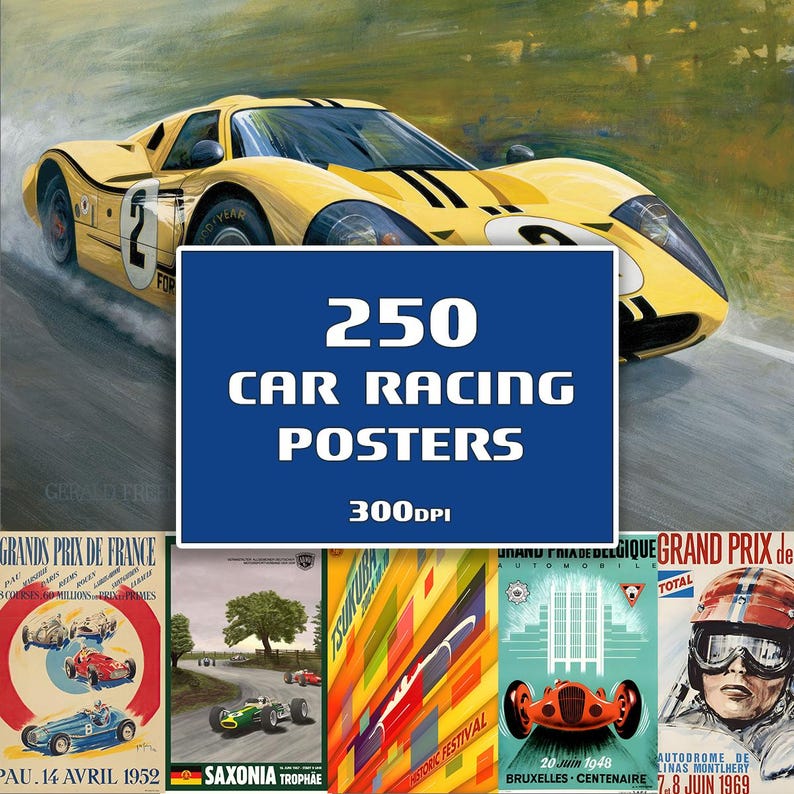 Set of 250 Vintage Car Racing Poster, Race Car Wall Art Print, Race Fan ...