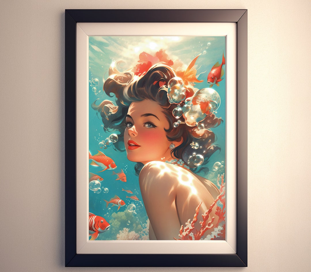 Pinup Mermaid Poster. Digital Poster. Vintage Pinup Design. Retro ...