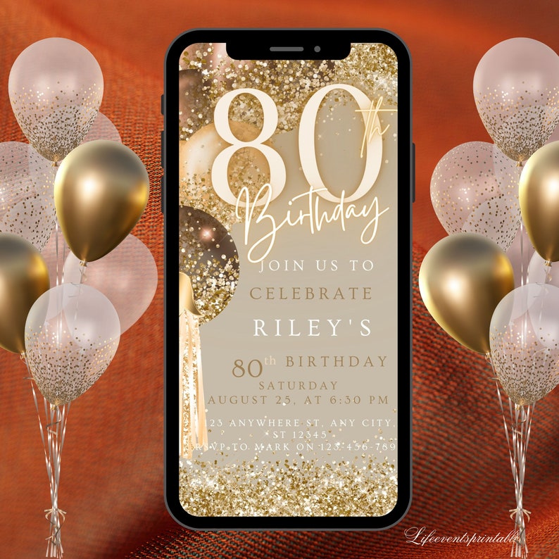 Digital 80th Birthday Invitation Template Eightieth Brown Gold