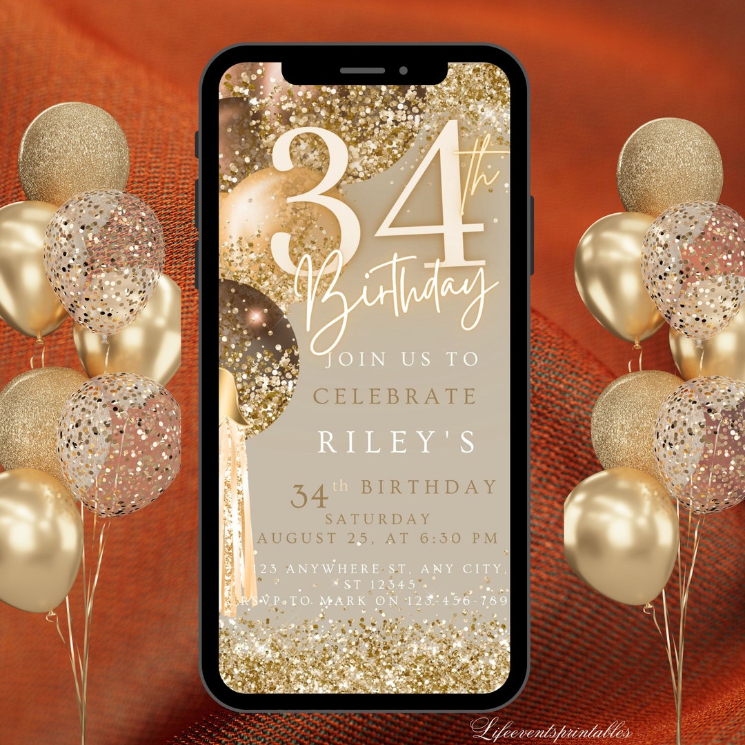 Thirty-fourth Brown Gold Birthday Invitation, 34thbirthday Invite, E ...