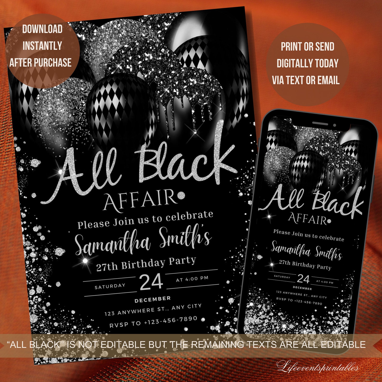 All Black Affair Invitation Template, Editable All Black Party ...
