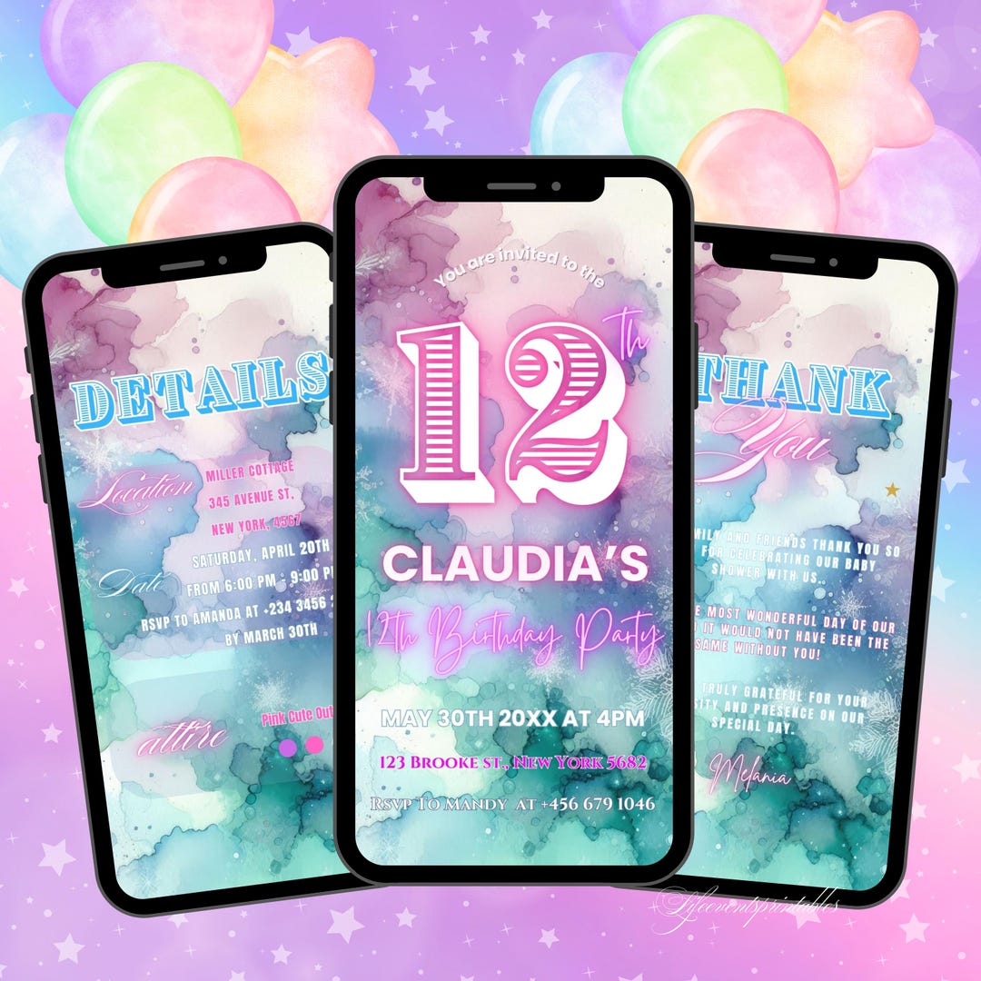 Digital 12th Birthday Invitation Template Animated, Pastel 12th Year ...