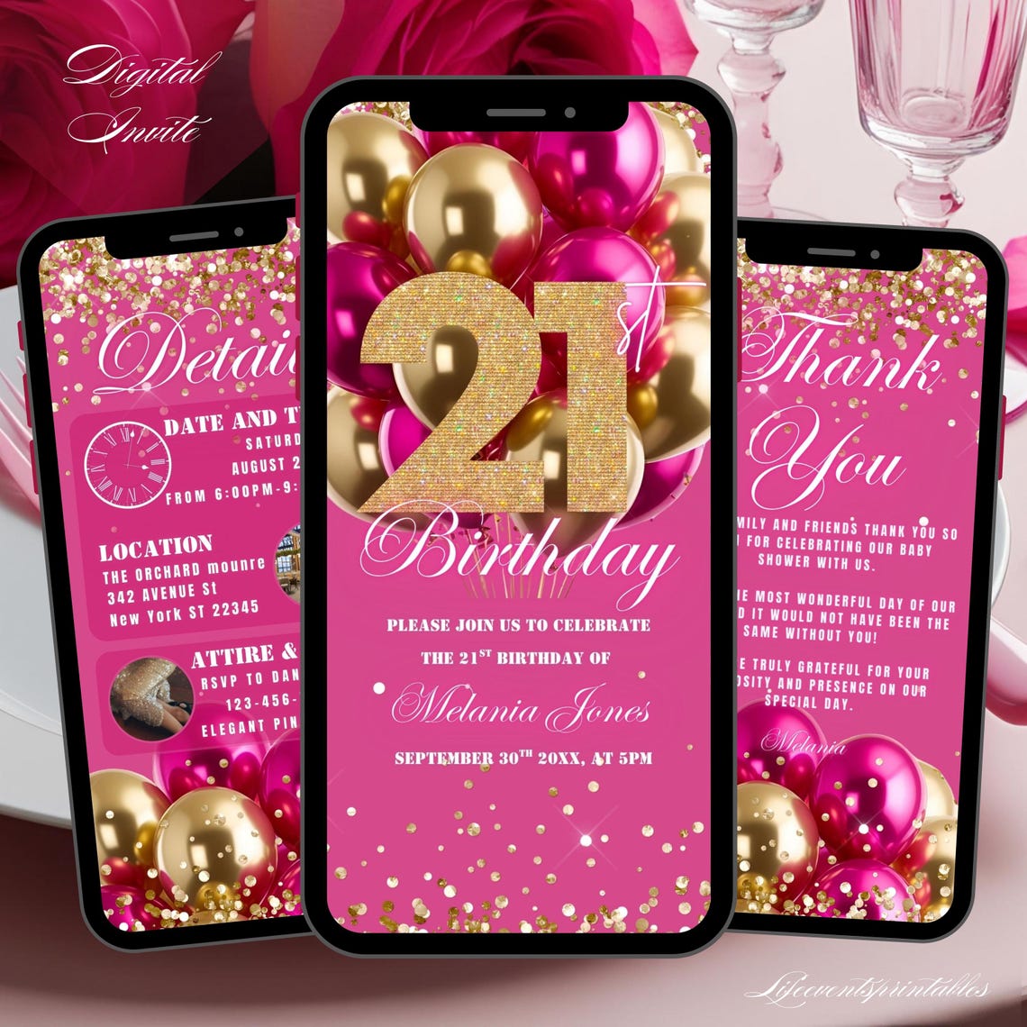 21ST Digital Birthday Invitation Template Hot Pink, Twentyone Dinner ...