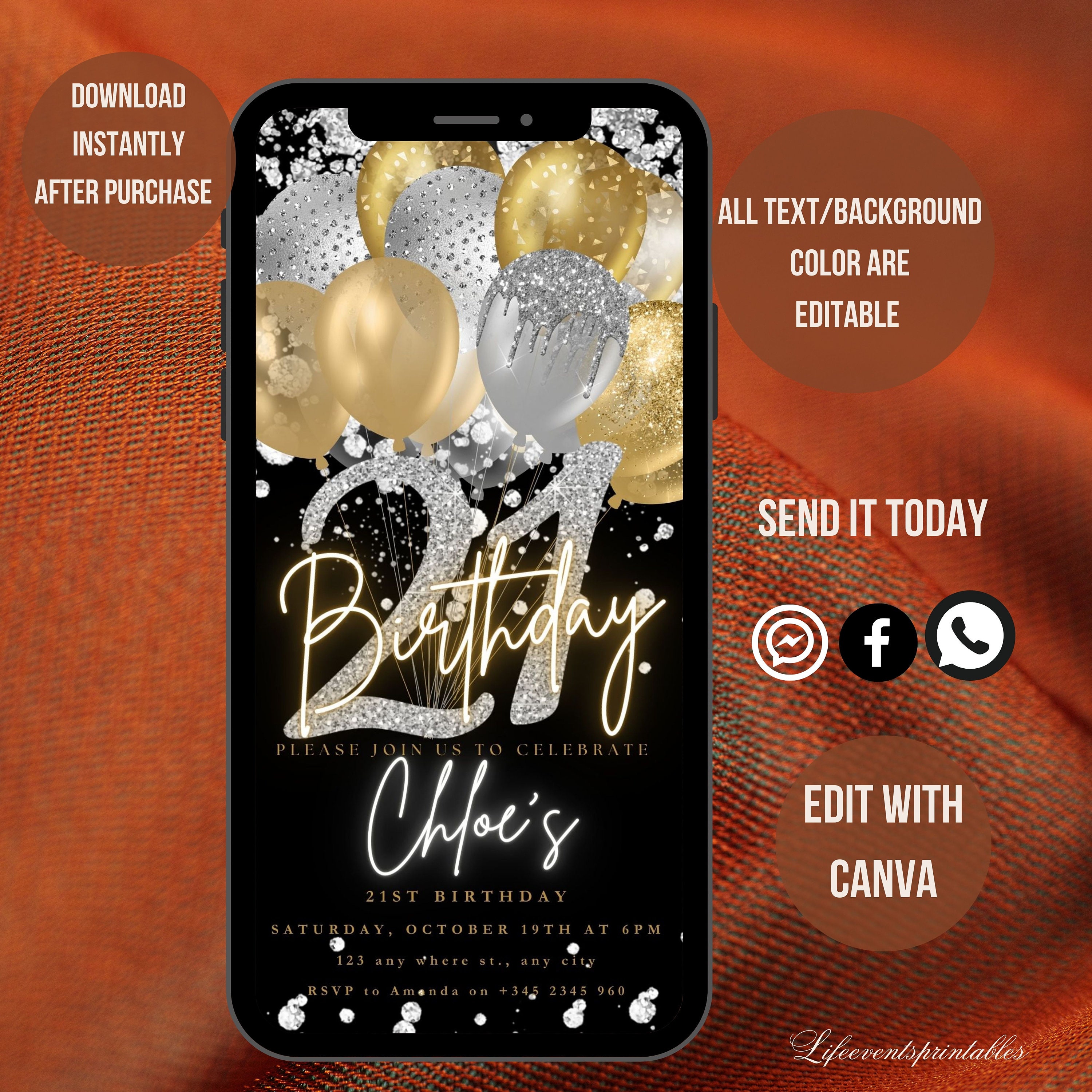 Digital Twenty One 21st Birthday Invitation Template 21th Electronic ...