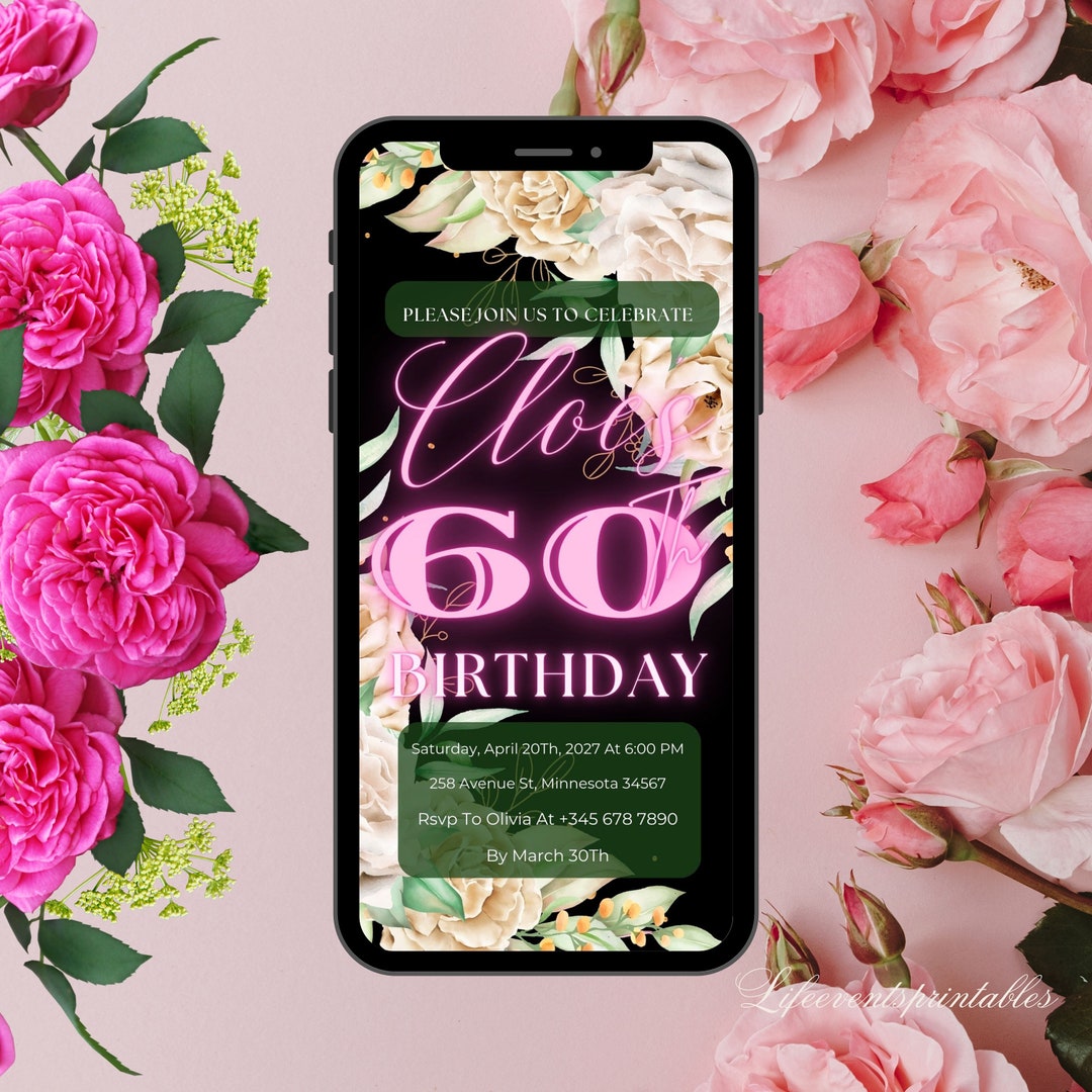 Digital 60th Birthday Invitation Template Floral, Electronic 60th Party ...