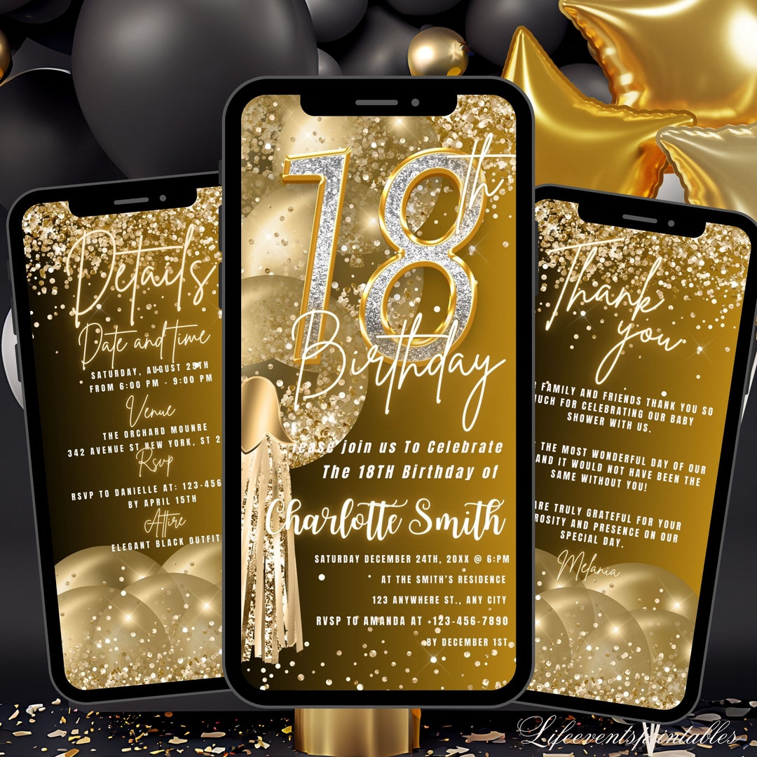 18TH Gold Birthday Invitation Template Animated, 18TH Birthday Invite ...