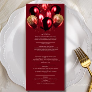 Printable Birthday Party Menu Template, Red Gold Printable Balloon Menu ...