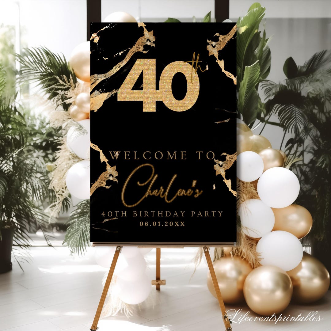 40th Birthday Welcome Sign Template Welcome Poster Black Glittery ...