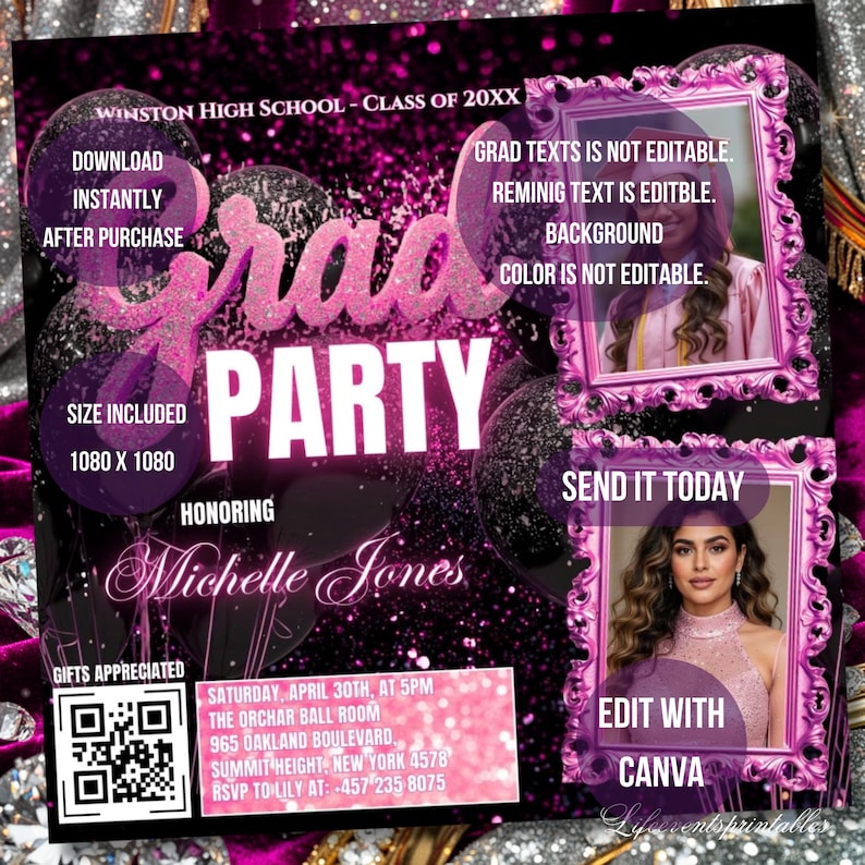Editable Senior Graduation Invitation Flyer Template Pink, Graduation ...