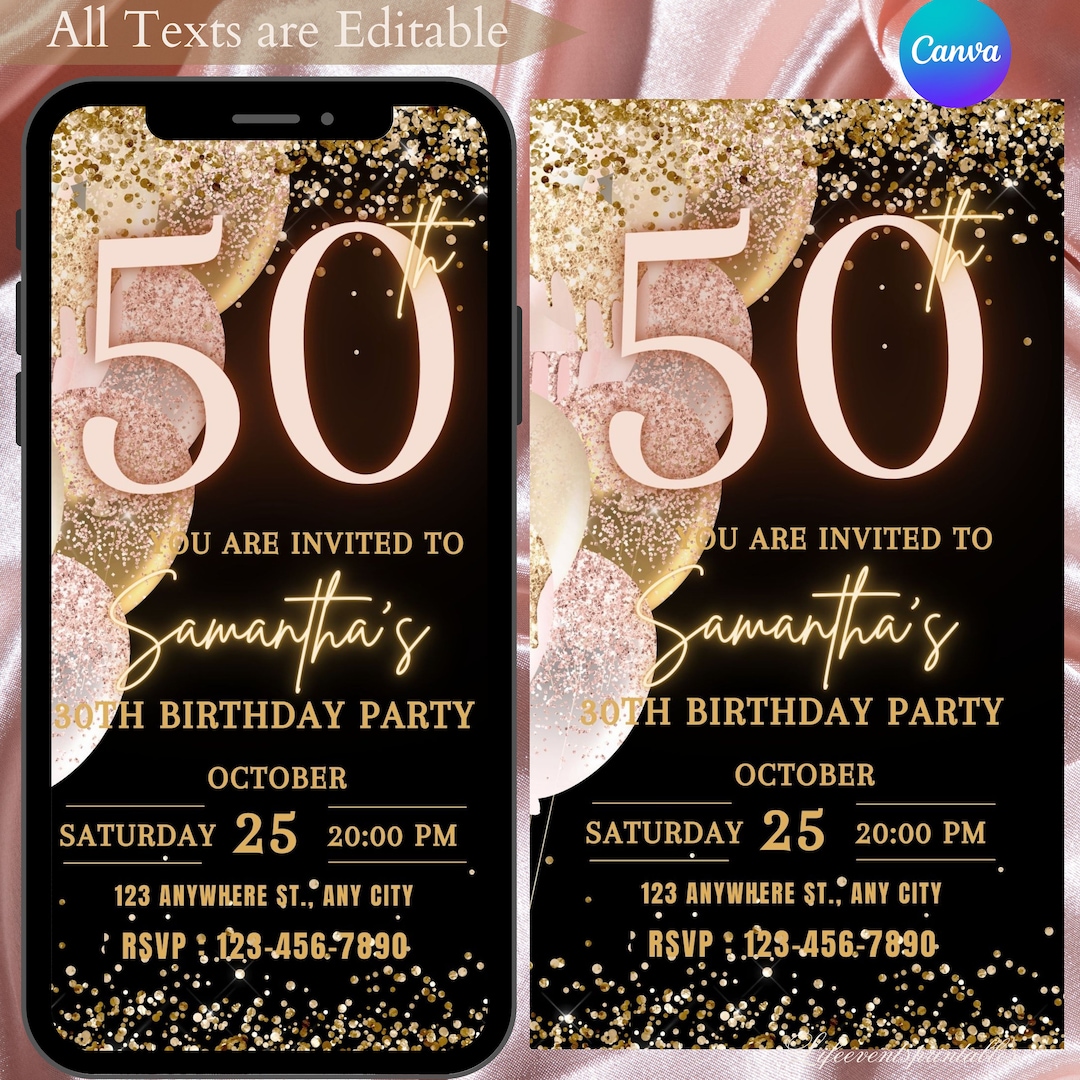 Digital 50th Birthday Invitation for Women, Editable 50th Invite Evite ...