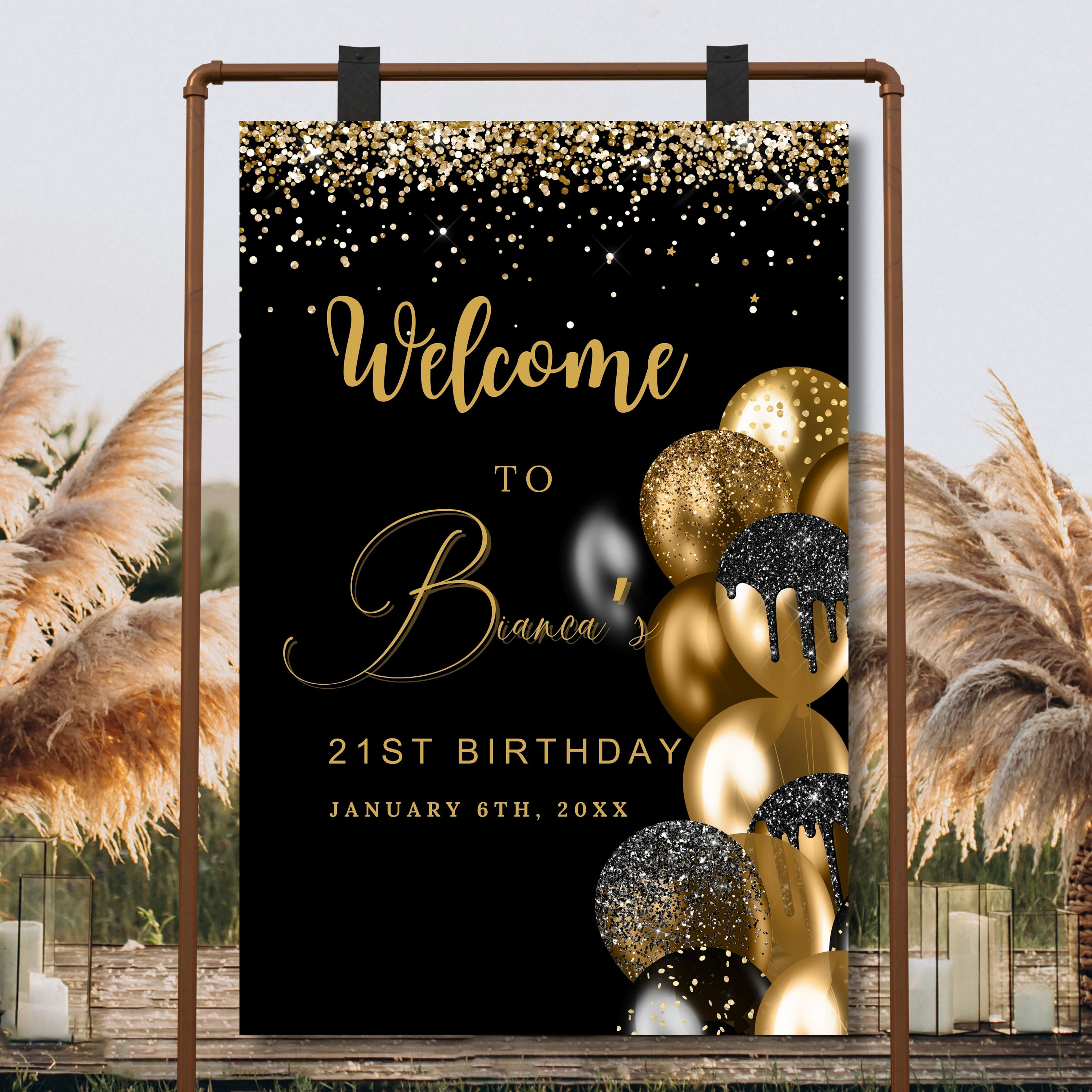 Editable Black Gold Welcome Sign Template PRINTABLE Birthday Party Gold ...