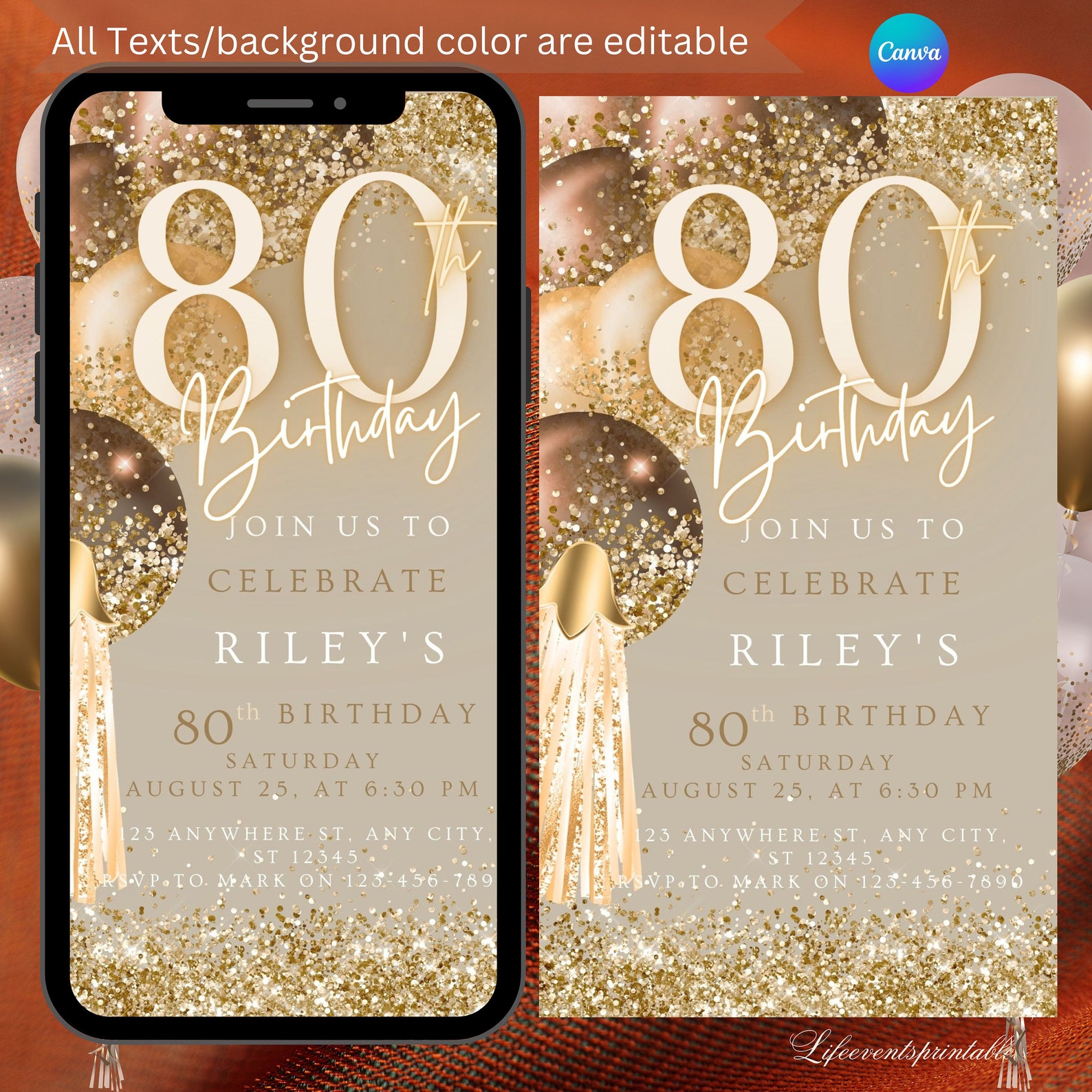 Digital 80th Birthday Invitation Template, Eightieth Brown Gold ...
