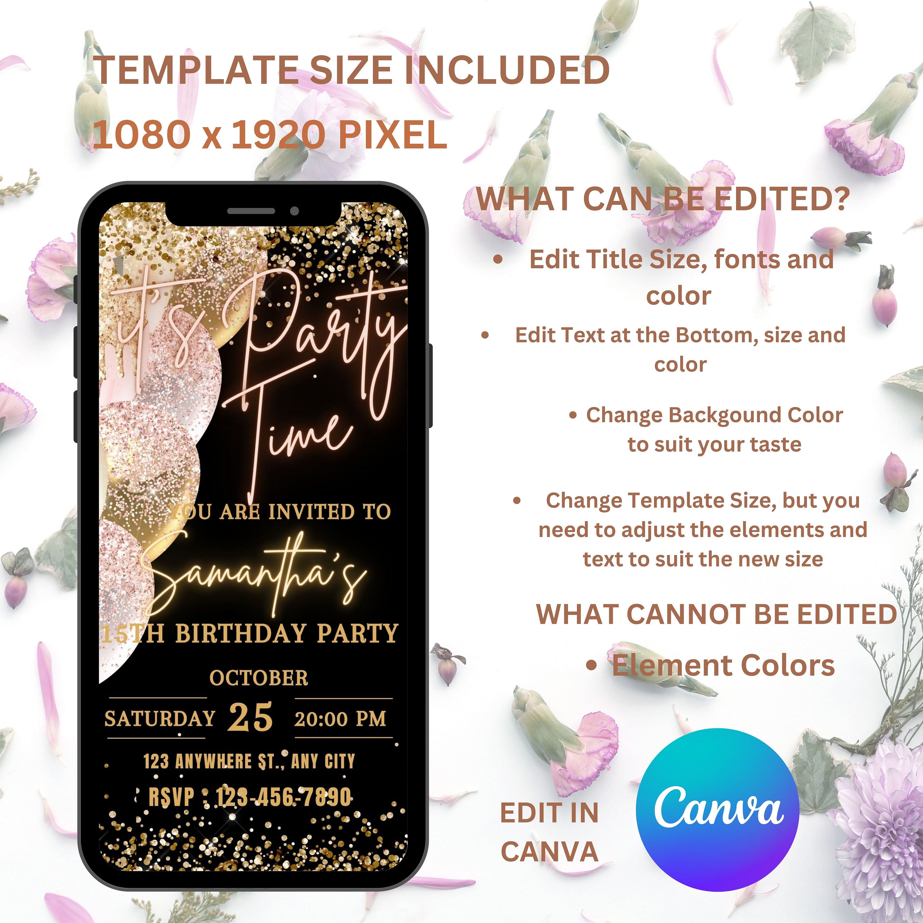 Digital Birthday Invitation Template, Electronic Birthday Invite Black ...