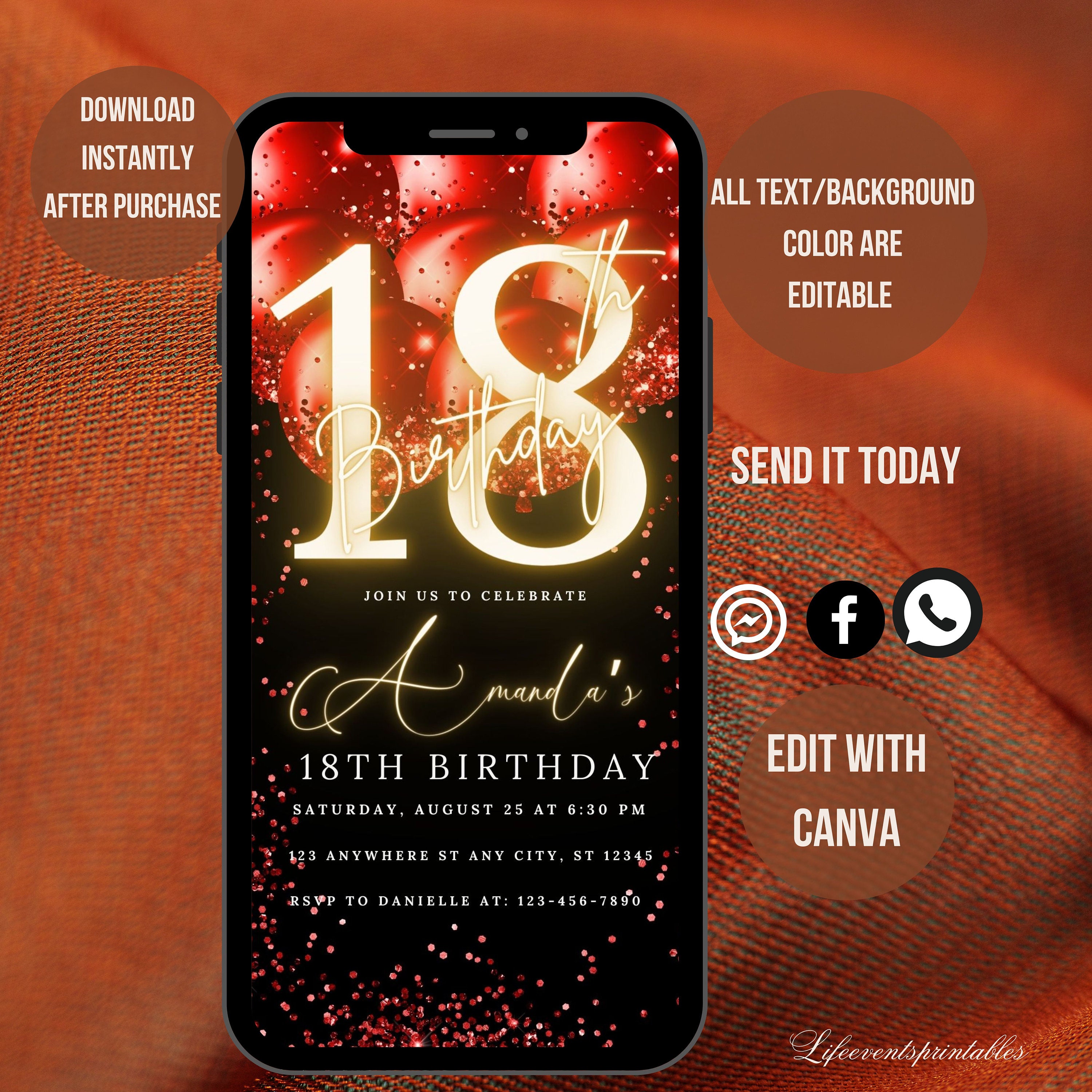 Digital RED 18th Birthday Invitation Template, Electronic 18th Party ...