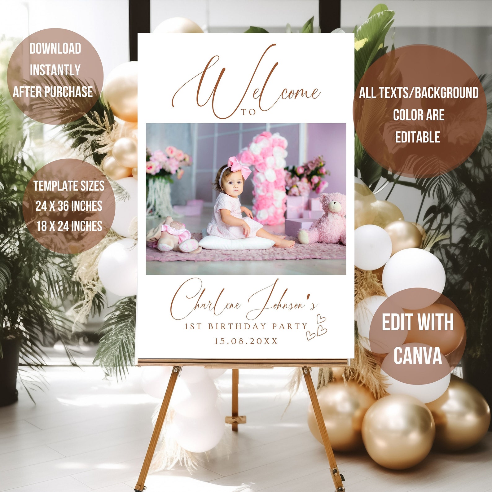 Editable Photo Birthday Welcome Sign Template, First Birthday Printable ...