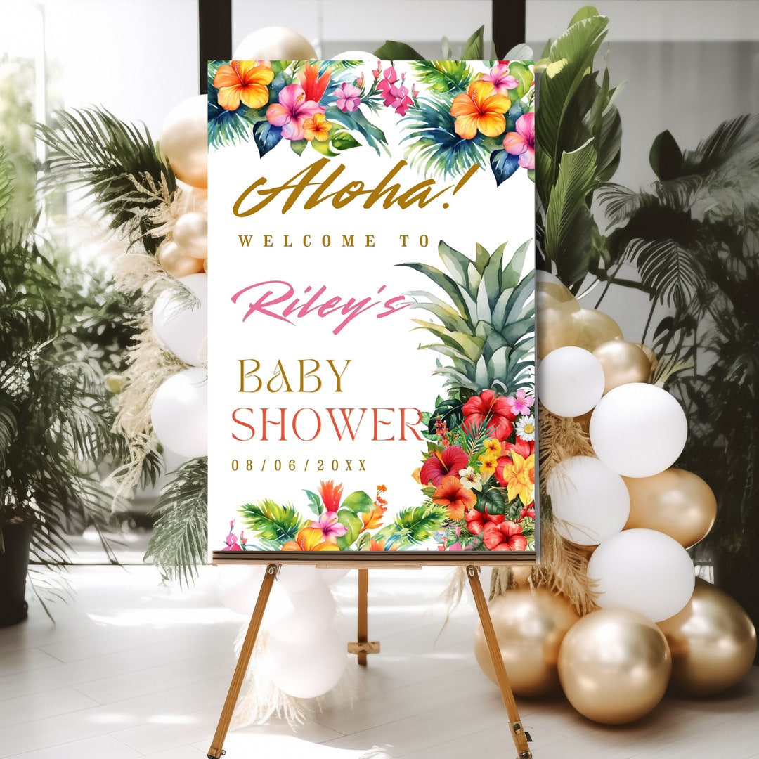 Aloha Pineapple Baby Shower Welcome Sign, Editable Girl Baby Shower ...