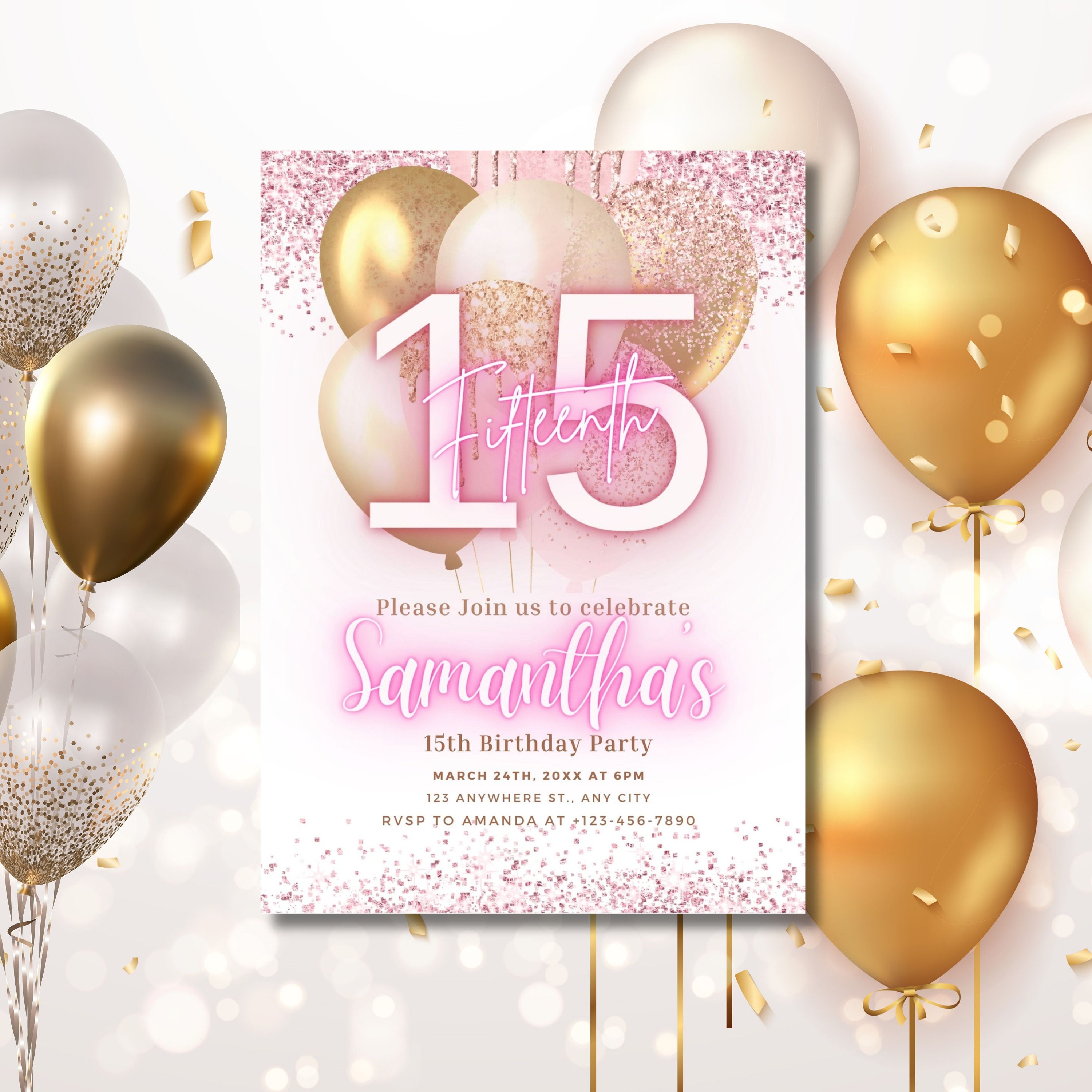 Editable 15th Birthday Invitation Template Gold Pink Glittery Balloons ...