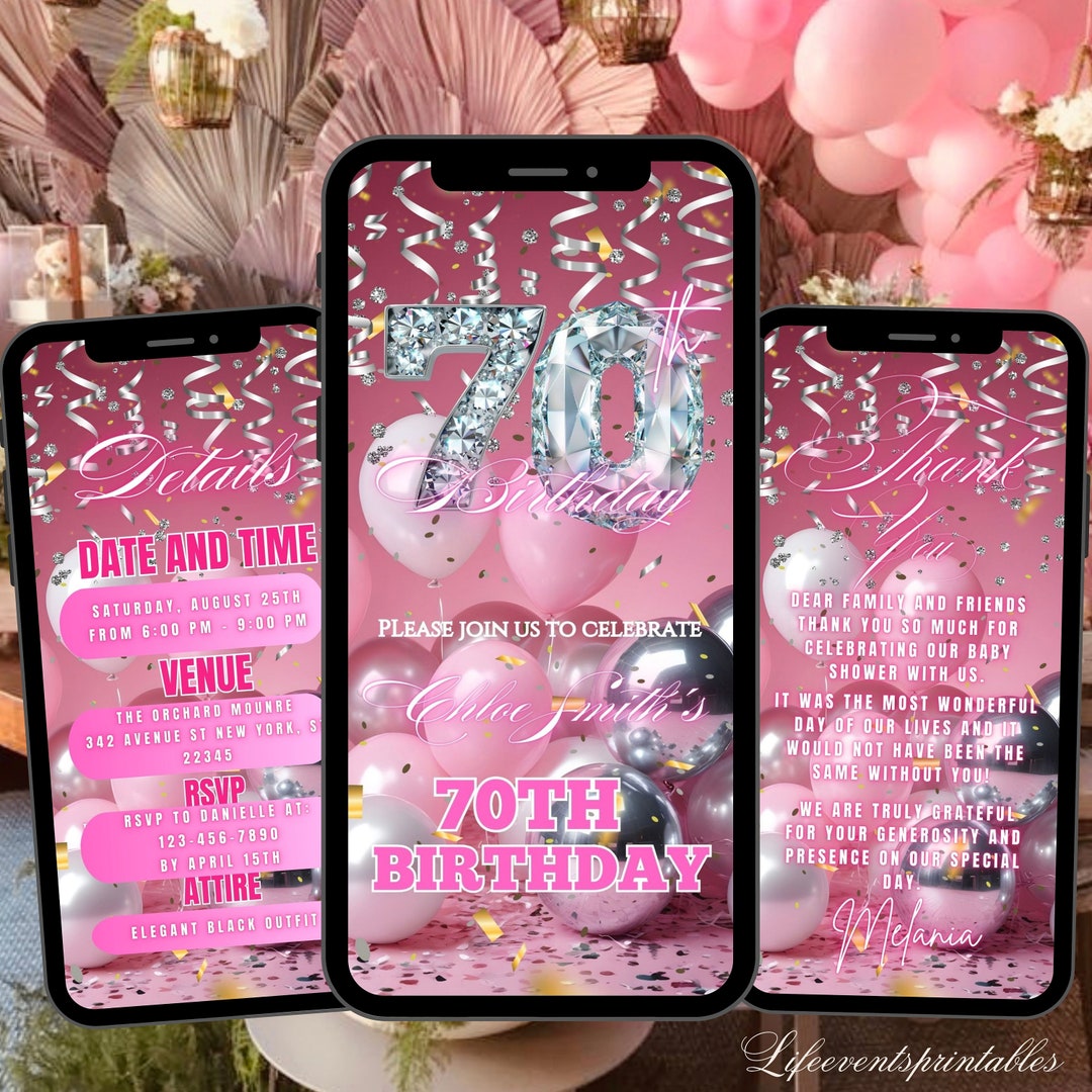 Digital 70th Birthday Invitation Template, Seventieth Pink Silver ...