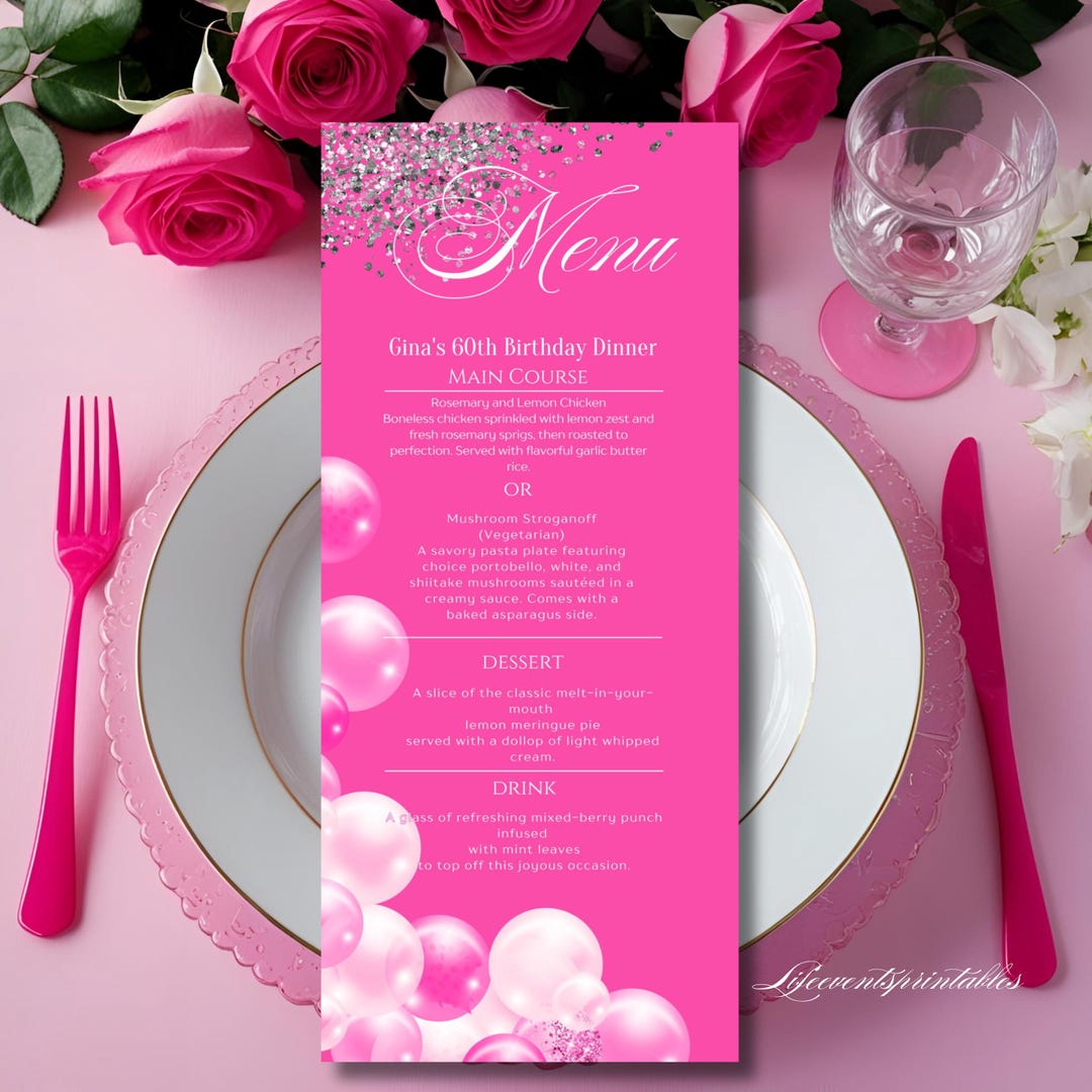 Printable Birthday Party Menu Template, Pink Balloons Glitter Printable ...