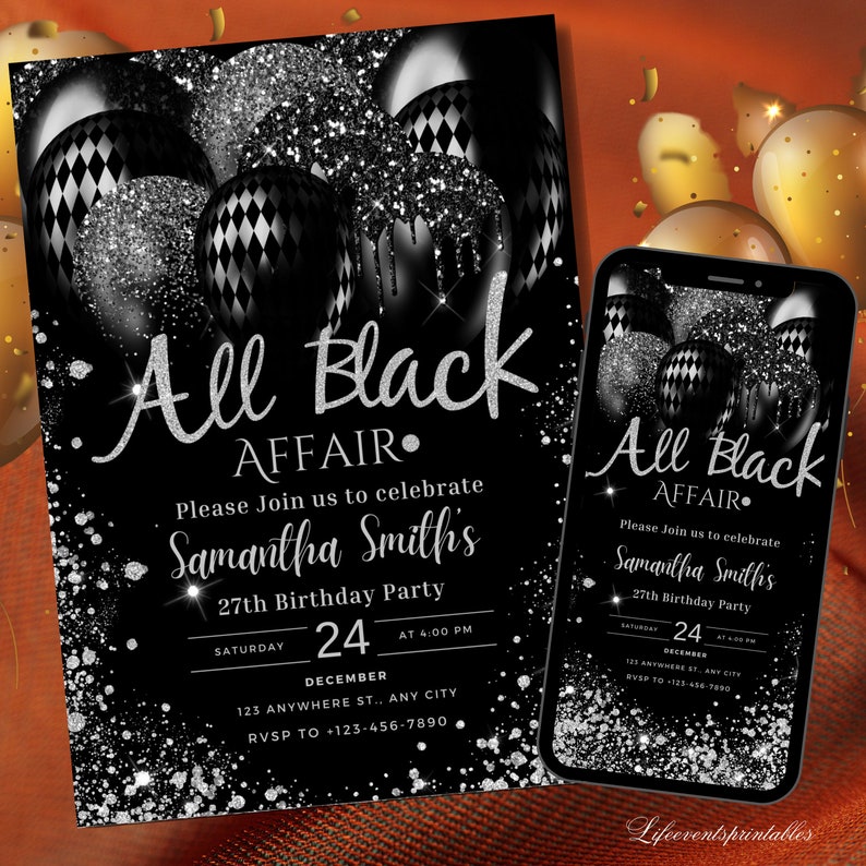 All Black Affair Invitation Template, Editable All Black Party ...