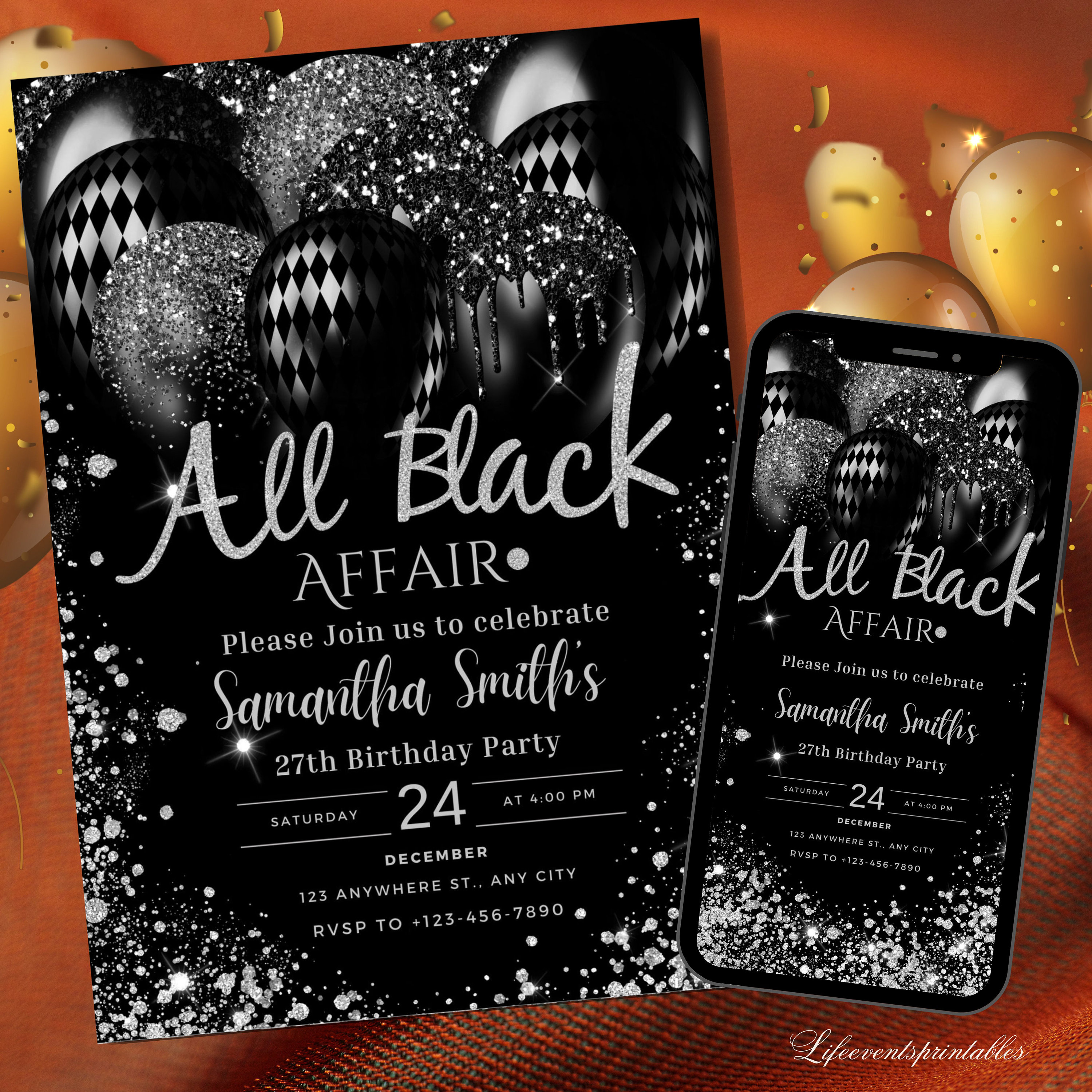 All Black Affair Invitation Template, Editable All Black Party ...