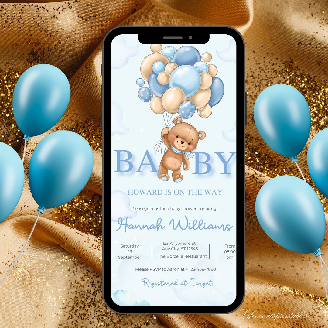 Digital Boy Baby Shower Invitation Templates, Electronic Bear Baby ...