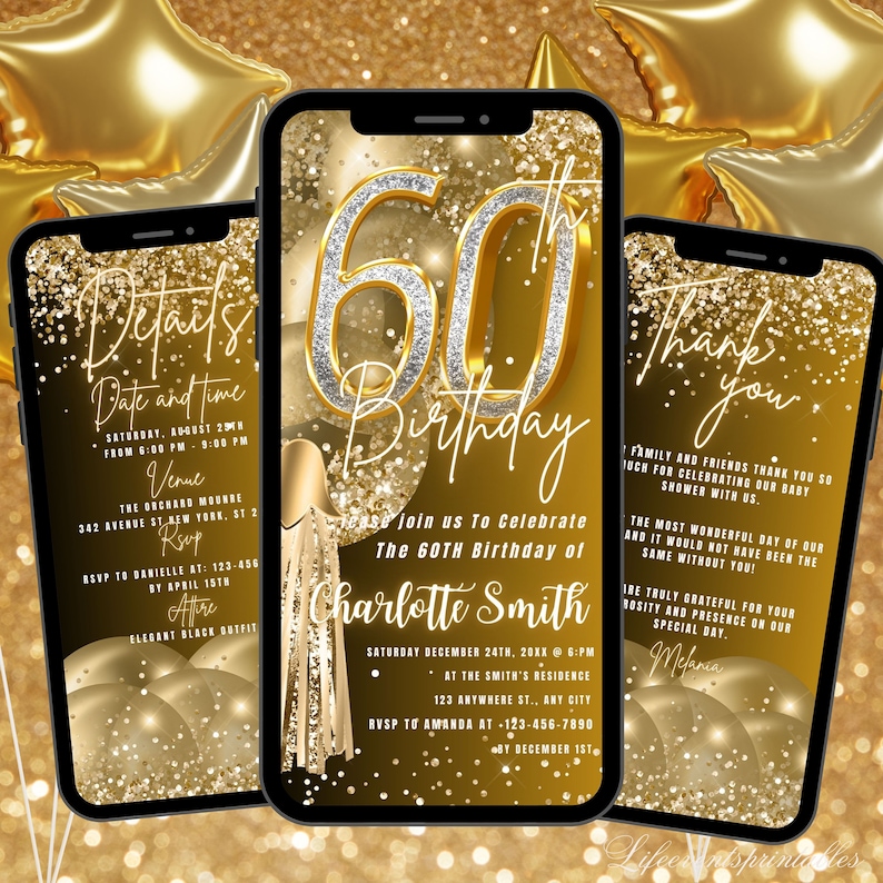 60TH Gold Birthday Invitation Template Animated,60th Birthday Invite, E ...