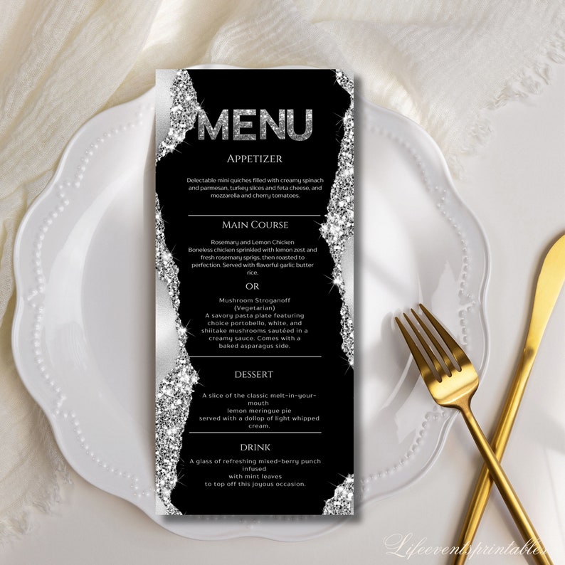 Black and Silver Menu Card Template, Editable Sparkle Menu Template ...