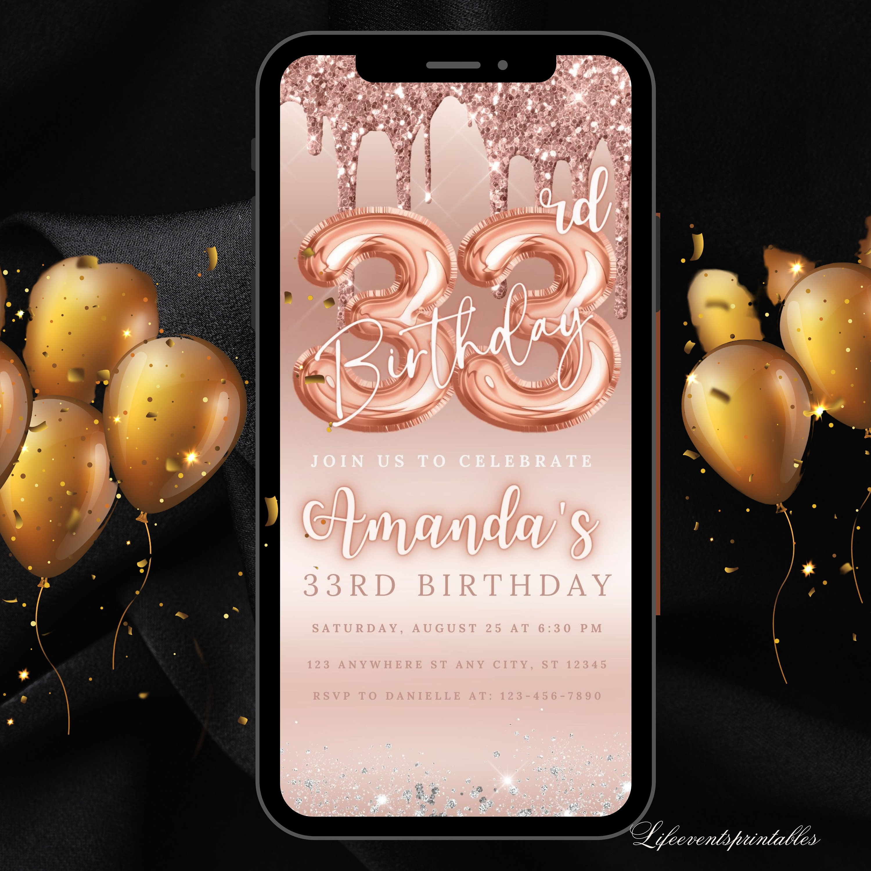 Digital 33rd Dripping Rose Gold Birthday Invitation Template, Editable ...