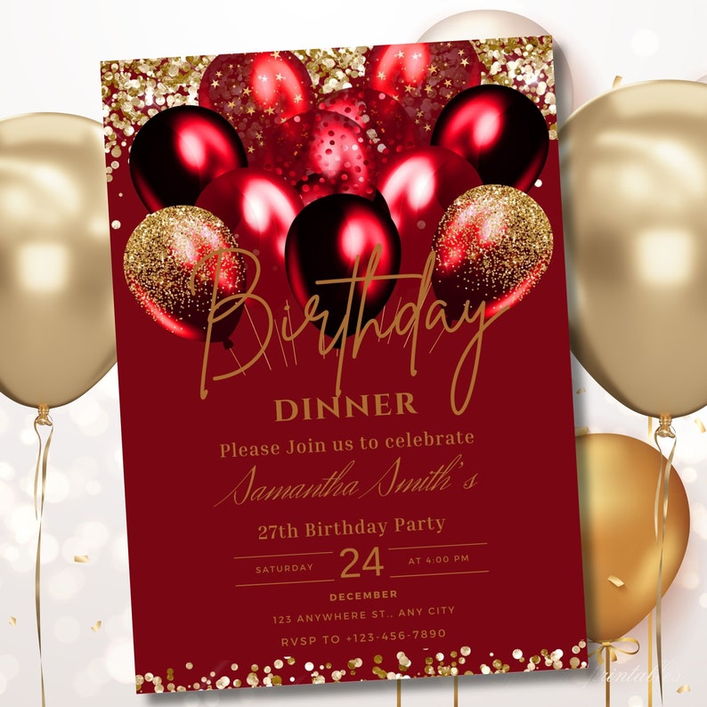 Red Birthday Invitation Template Gold, Red Balloons Invite Printable ...