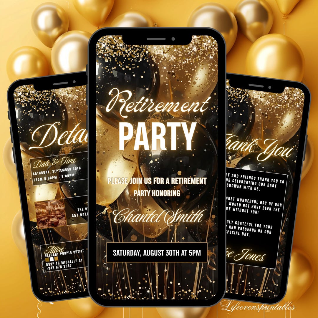 Digital Retirement Party Invitation Template Black, Gold Balloon ...