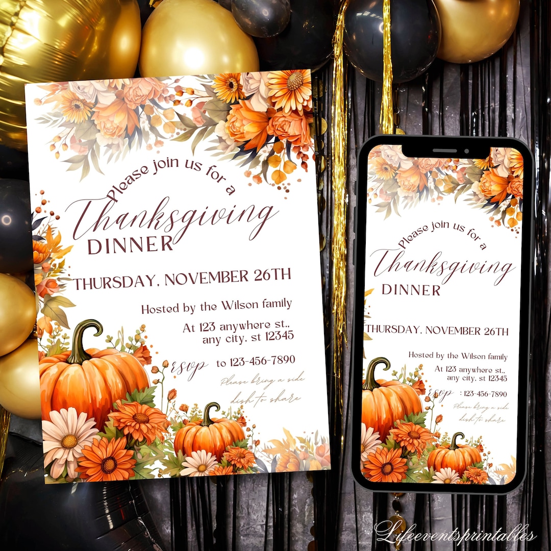 Thanksgiving Dinner Invitation Template, Editable Let's Give Thanks ...