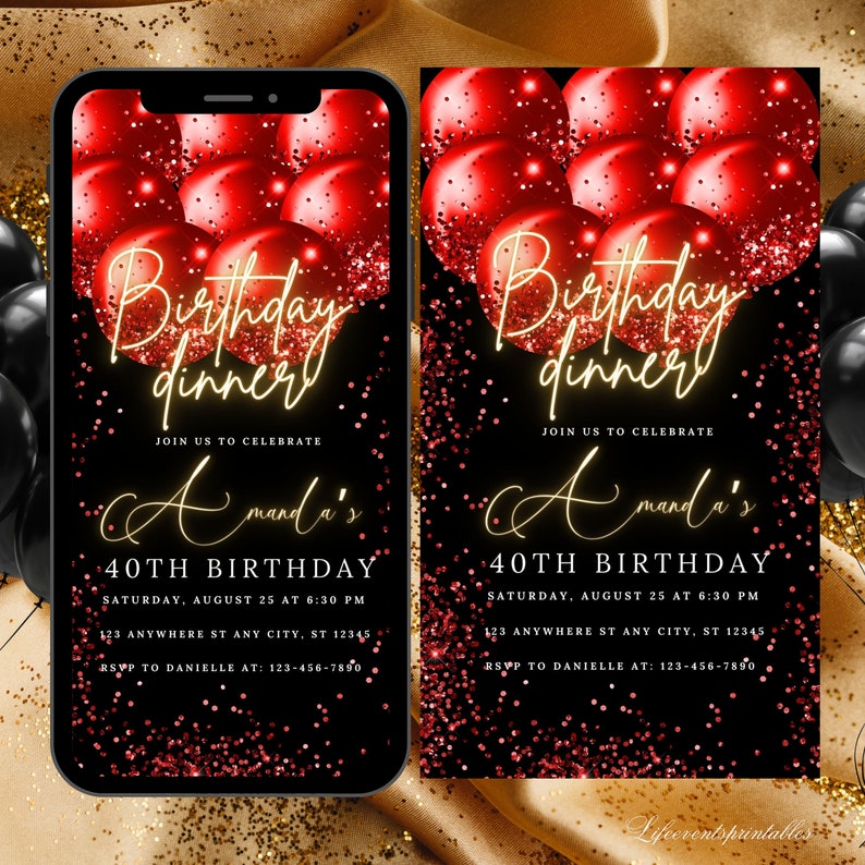 Digital Red Balloon Birthday Party Invitation Template Editable Glitter ...