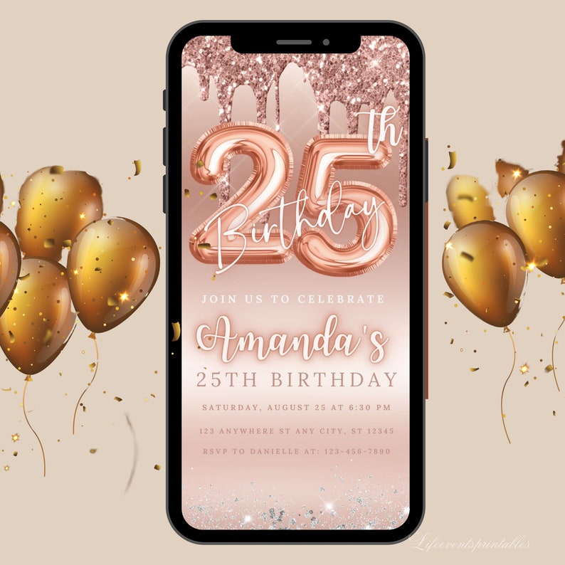 Digital 25th Dripping Rose Gold Birthday Invitation Template, Editable ...