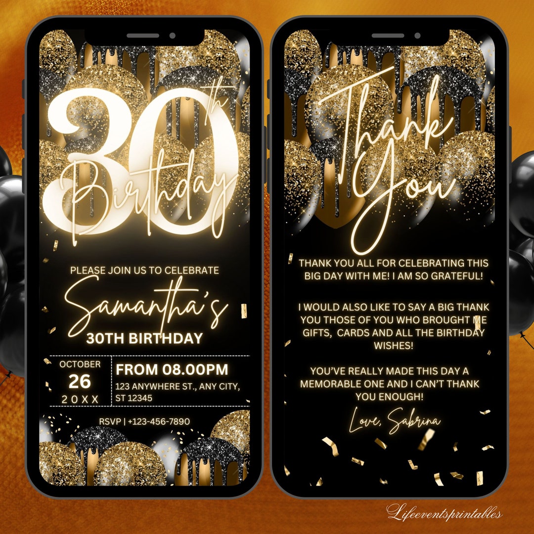 Digital 30th Birthday Invitation Template for Her Gold, Animated ...