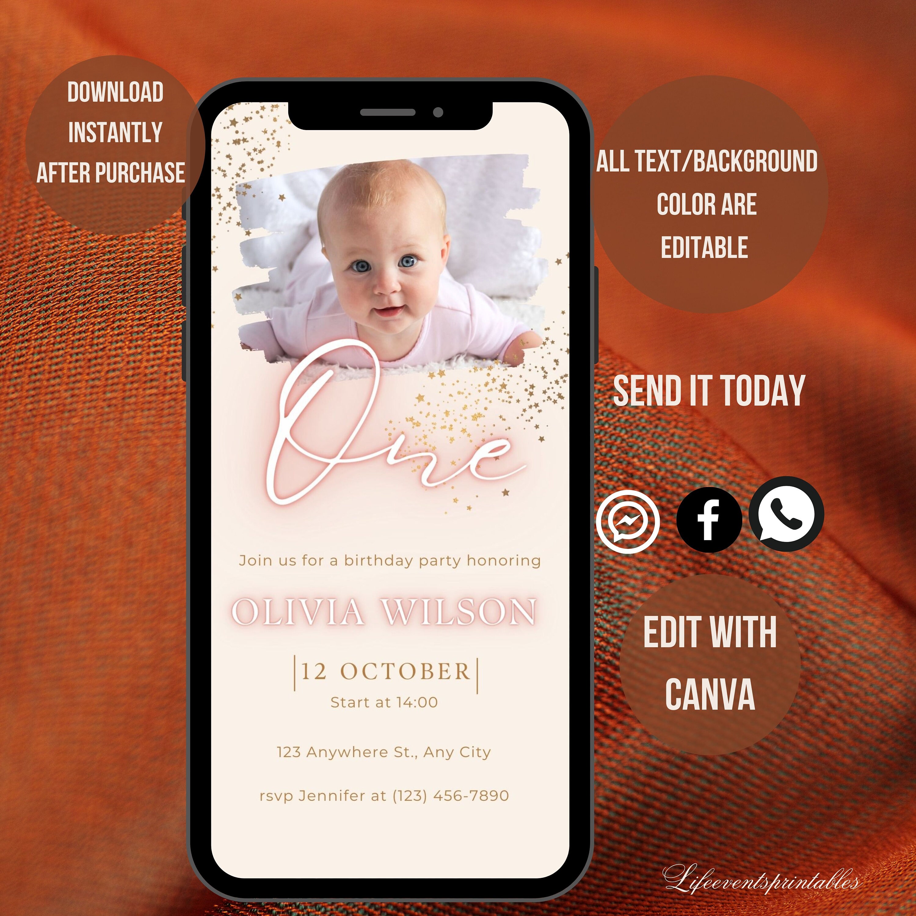 Editable 1st Birthday Invite Template, First Birthday Evite Digital ...