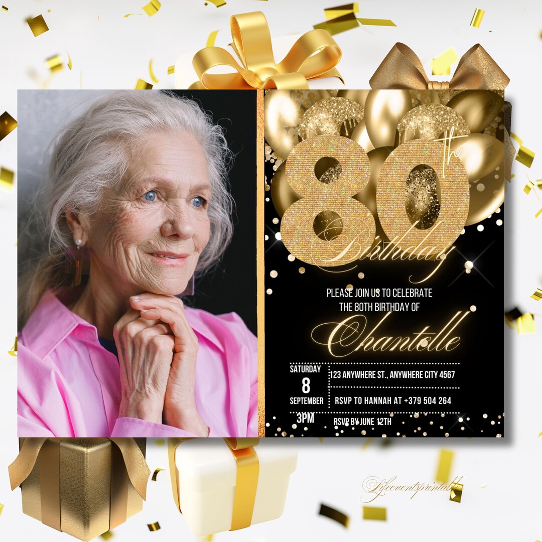 80TH Birthday Invitation Gold Template With Picture Printable, Photo ...