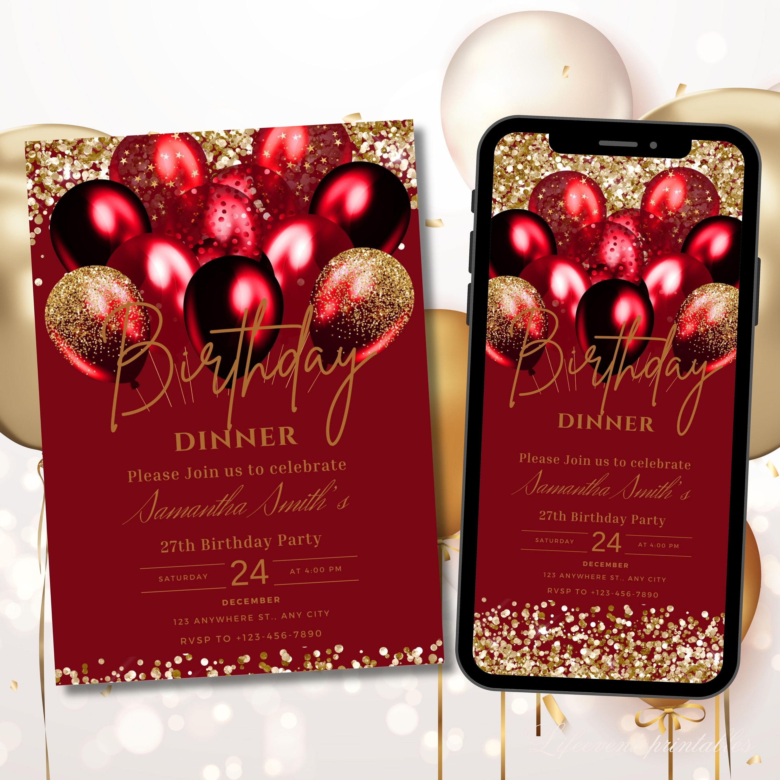 Red Birthday Invitation Template Gold, Red Balloons Invite Printable ...