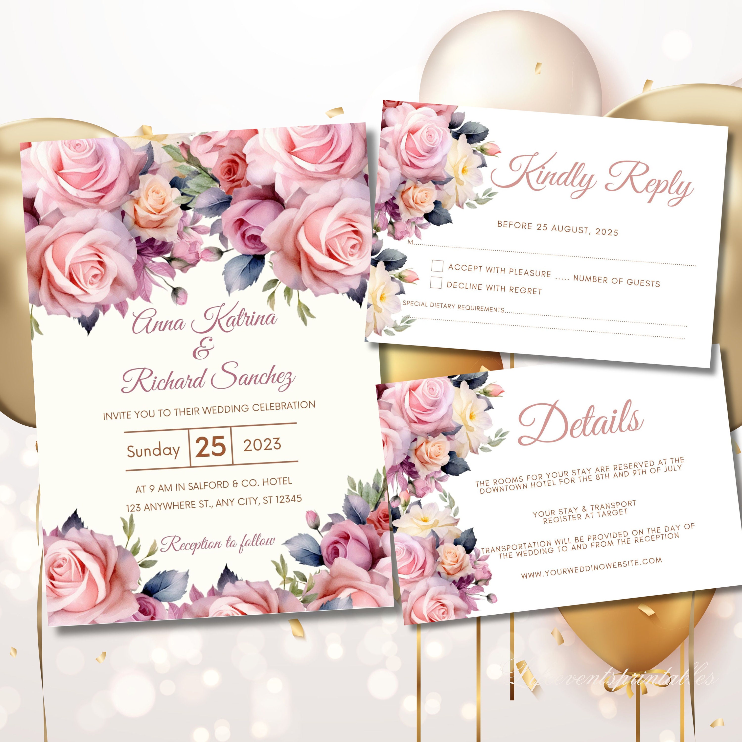 BLUSH Pink FLORAL Wedding Invitation Set Template, Watercolor Soft Pink ...