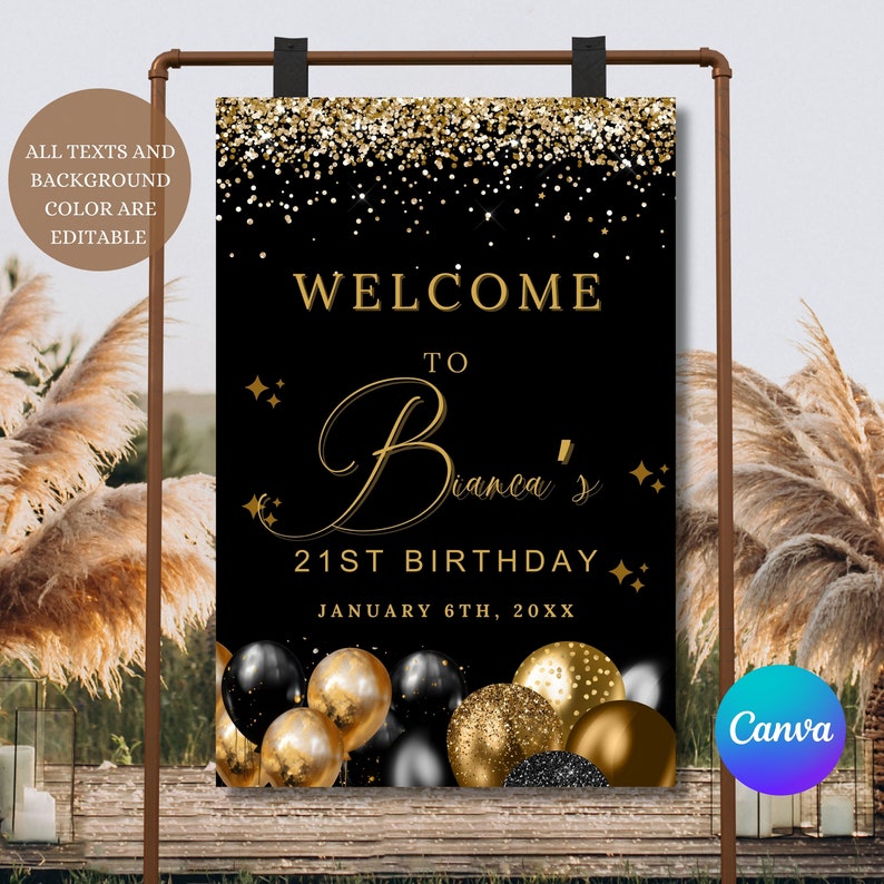 ANY AGE Birthday Welcome Sign Birthday Welcome Poster Black and Gold ...